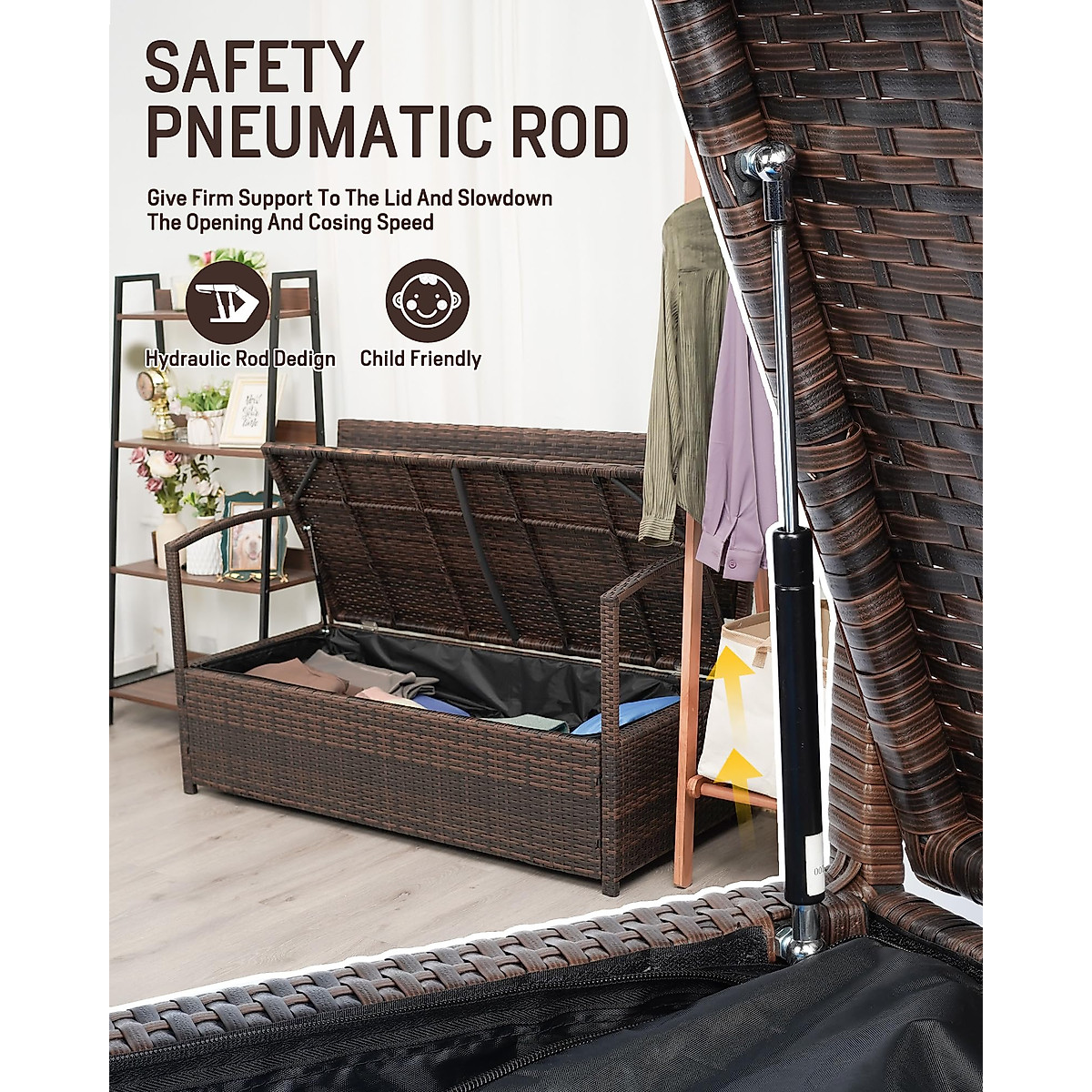 OYODHPDU 60 Gallon Outdoor Storage Bench- All Weather PE Rattan Deck Box- Deck Box w/Thick Seat Cushion- Patio Sofa Storage Bench with Cushion for Porch, Yard, Lawn, Garden (Brown)