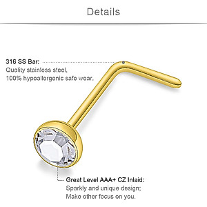 SCERRING 12PCS 20G Stainless Steel Nose L Shaped Rings Studs Nostril Ring Bend Piercing Jewelry 1.5mm 2mm 2.5mm 3mm 3.5mm 4mm Clear Cubic Zirconia Gold