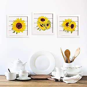 Sunflower Wall Decor Set of 3 - Rustic 8x8 Inch Printed Panels for Home, Bathroom, Kitchen, or Office - Sunflower Gifts for Women Wood Flower Pictures Design Theme Clearance Decorations Sun Flowers to Brighten Up Any Space