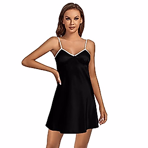 LYANER Women's Satin V Neck Spaghetti Strap Silk Slip Nightdress Chemise Nightgown Black Medium