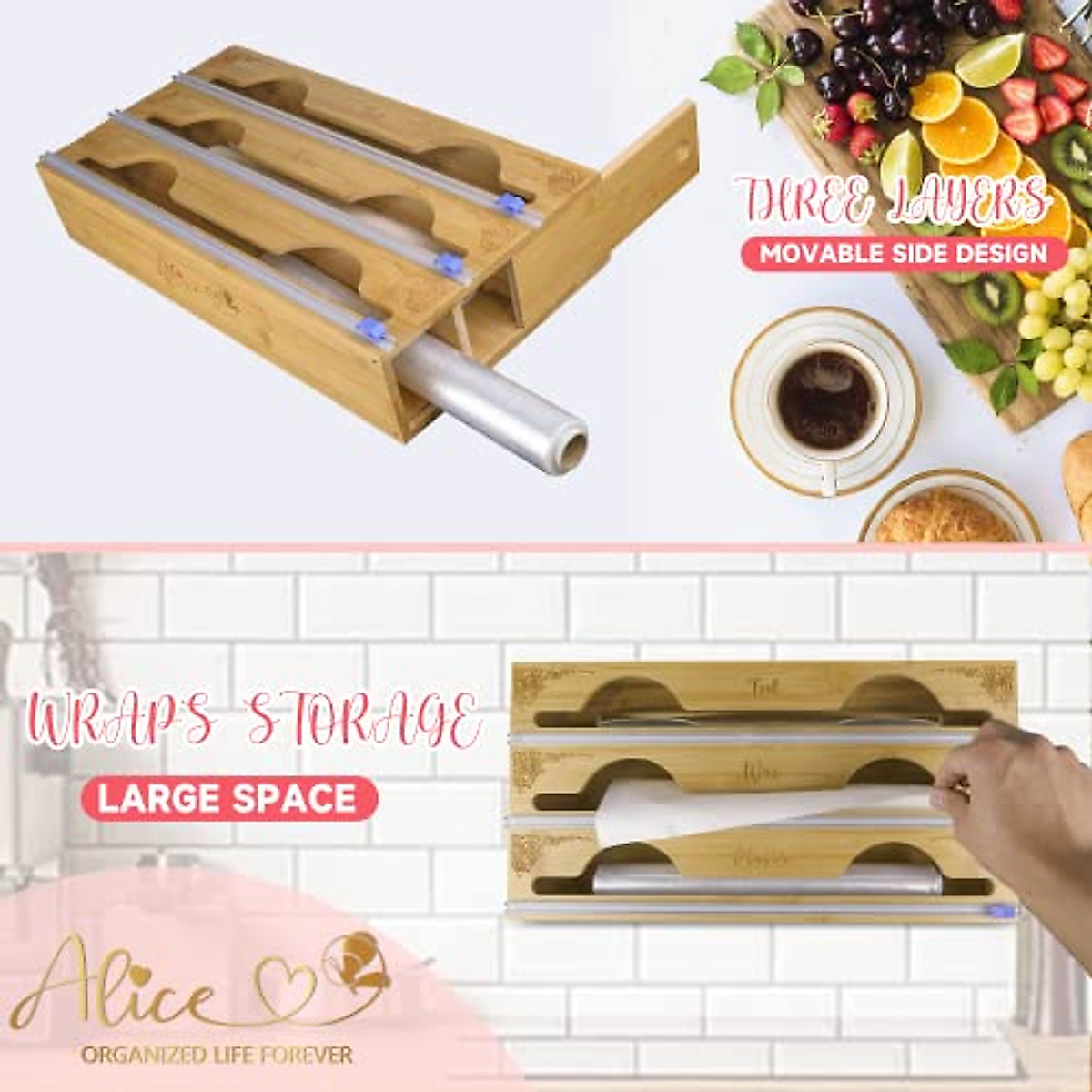 Alice 3-in-1 Foil and Plastic Wrap Organizer with Cutter | Compatible with Plastic Wrap, Aluminum Foil, and Wax Paper | Nature Bamboo Wrap Dispenser for Kitchen Storage Organization for 15 1/4" Roll