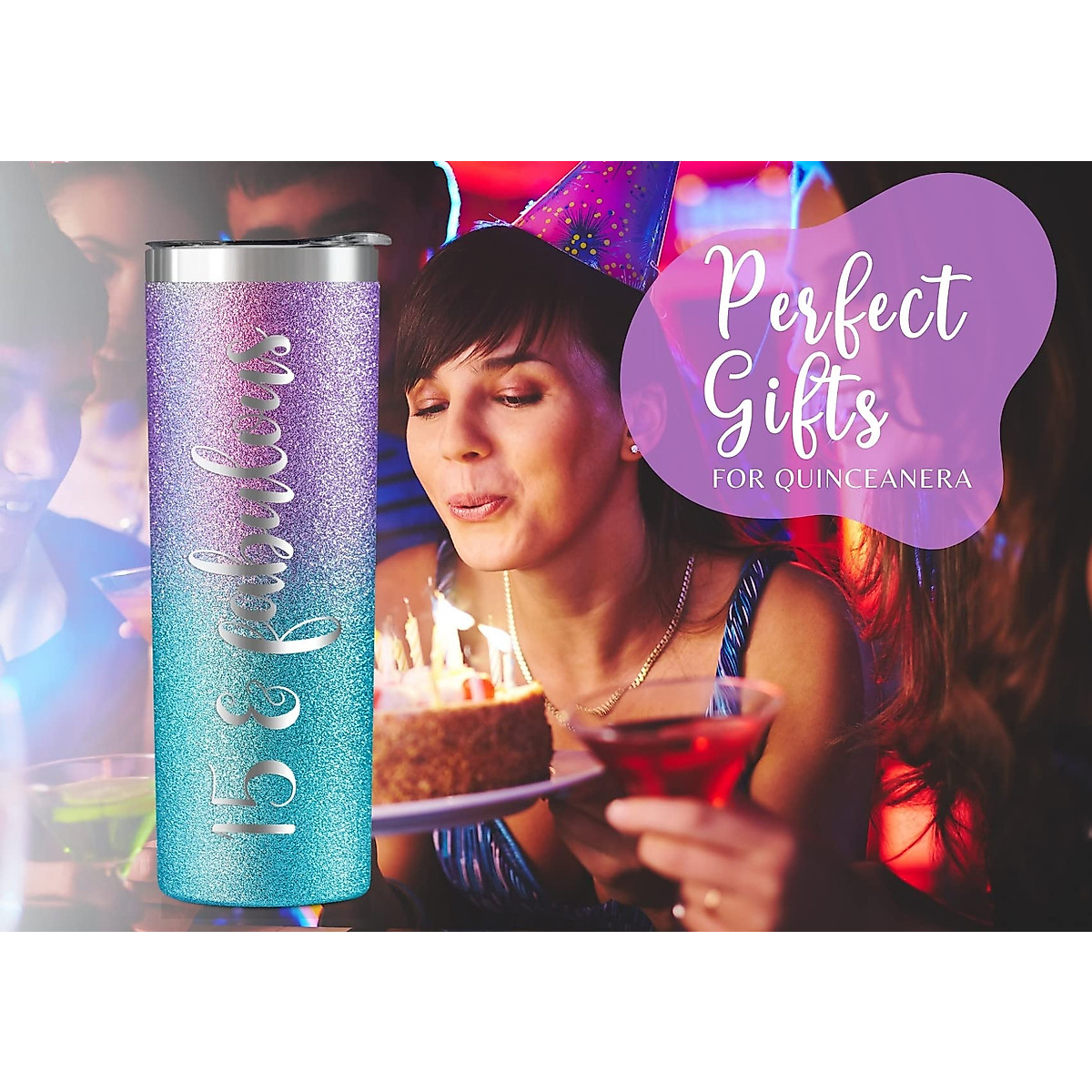 Quinceanera Gifts, 15 Year Old Girl Gifts for Birthday, 15th Birthday Gifts for Girls, Female, Her - 20oz/590ml Stainless Steel Insulated Tumbler with Straw, Lid - 15 & Fabulous Glitter Purple Blue