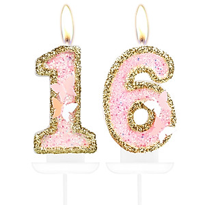 iNINGER Birthday Candle,Butterfly 16th Birthday Party Decorations for Women/Girl,Gold Pink Birthday Number 16 Candle,2.75" Large Glitter Birthday Candles Wedding Cake Topper Anniversary Party Decor