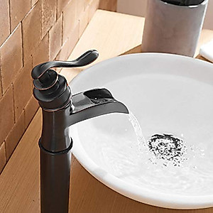 BWE Waterfall Spout Oil Rubbed Bronze Single Handle One Hole Bathroom Sink Vessel Faucet ORB Lavatory Faucets Deck Mount Tall Body Commercial