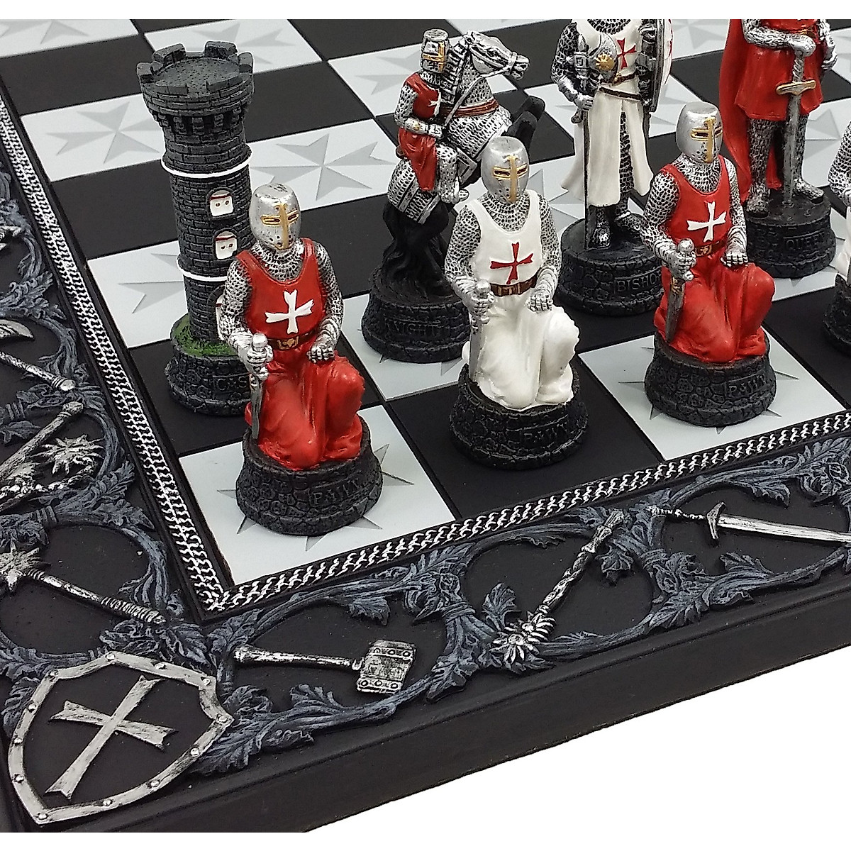 HPL Medieval Times Crusades Red and White Armored Maltese Knights Chess Set with 17" Board