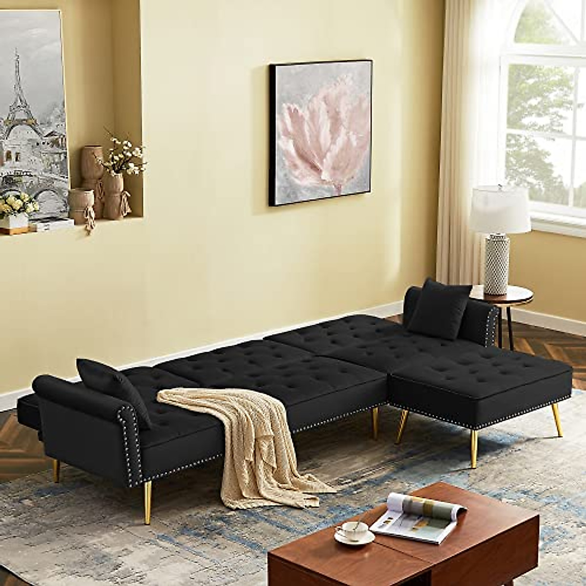 Modern Velvet Upholstered Reversible Sectional Sofa Bed, L Shape Sofa Couch with Removable Ottoman, Nailhead Trim and Gold Mental Legs for Compact Spaces Living Room,Apartment(L Shape Black Sofa)