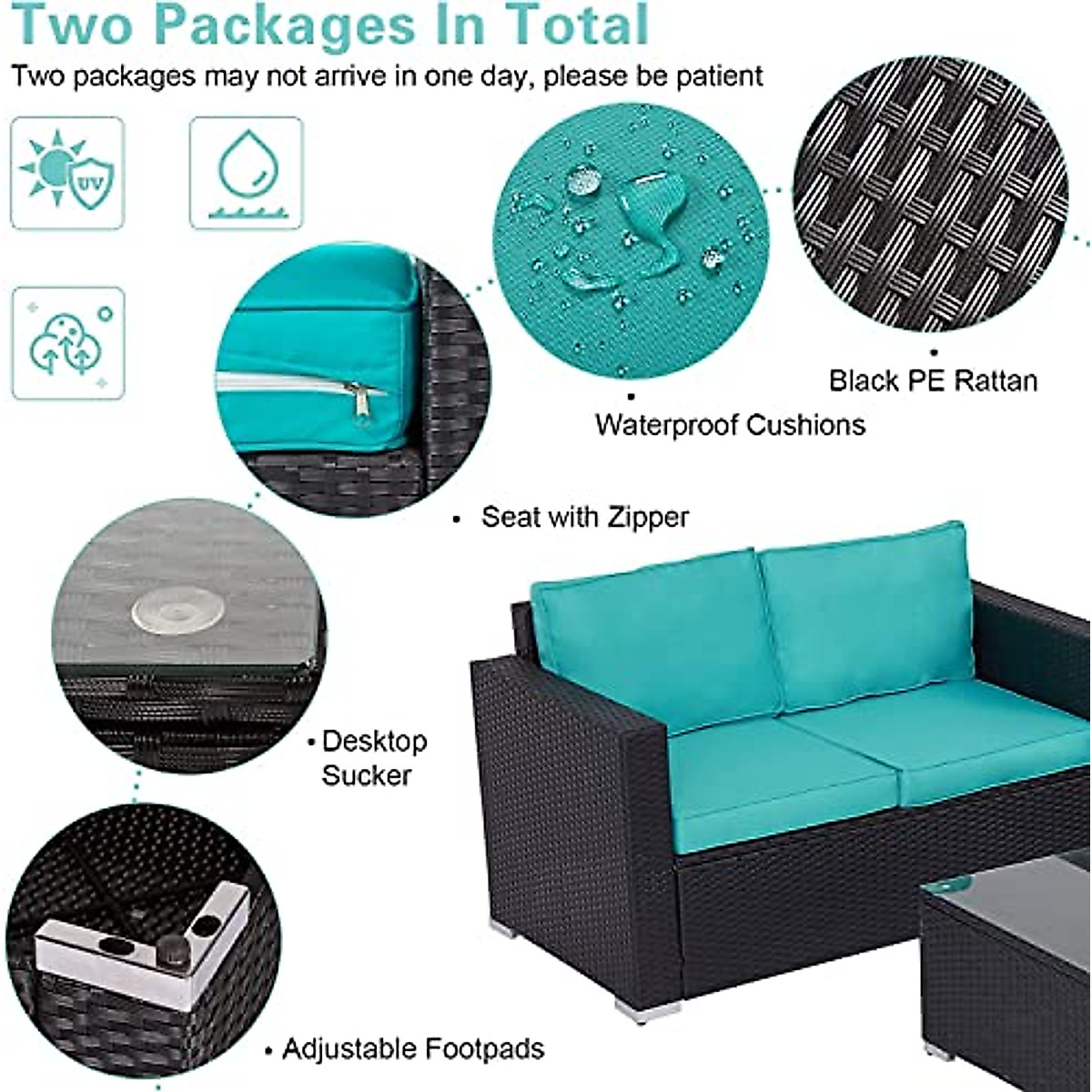 Zurssar 4 Piece Outdoor Patio Furniture Sets PE Rattan Wicker Sectional Sofa Couch Patio Conversation Set with Glass Coffee Table for Backyard Garden Poolside