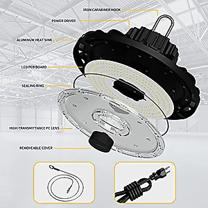 Adiding UFO LED High Bay Light 150W Bright 150lm/W 22500 Lumens 5000K Daylight Shop Lights Fixture IP65 Waterproof with Power Cable, Carabiner Hanging Hook, Motion Sensor Optional for Warehouse Barn
