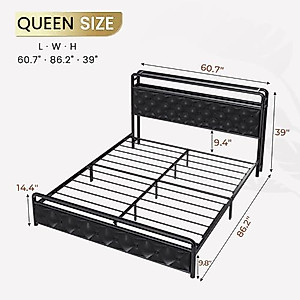 ADORNEVE Queen LED Bed Frame with Storage Headboard,Faux Leather Queen Size Platform Bed Frame with Power Outlets & USB Ports,Noise-Free,Black