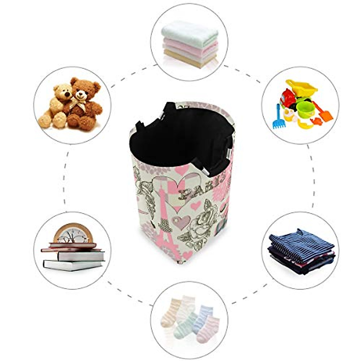 ALAZA Paris Eiffel Tower Rose Floral Heart Laundry Basket Hamper Large Storage Bin with Handles for Gift Baskets, Bedroom, Clothes