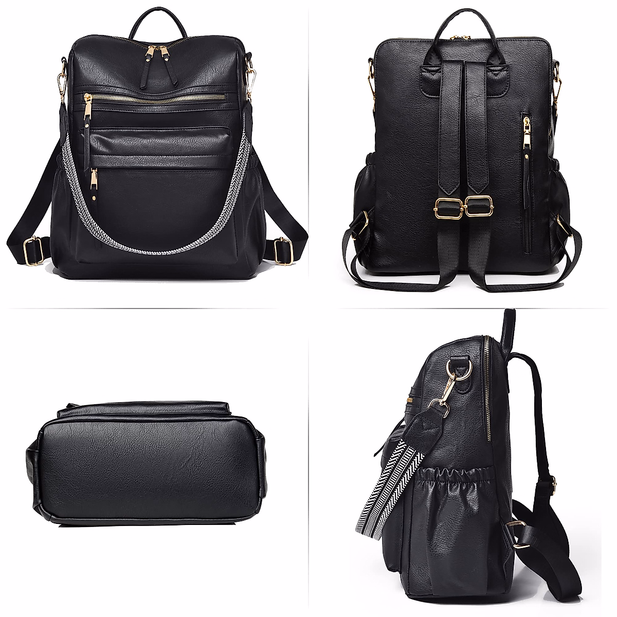 Dora & Liz Women Backpack Purse Fashion Leather Designer Ladies Convertible Travel College Shoulder Bags with Colorful Strap (Black-2Pack)