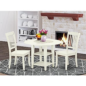 East West Furniture SUDA3-LWH-W 3 Piece Dining Room Table Set Contains a Round Dining Table with Dropleaf & Shelves and 2 Wood Seat Chairs, 42x42 Inch, Linen White