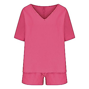 HGps8w Two Piece Outfits for Women Casual Loose Short Sleeve V Neck Pullover Top and Shorts Lounge Pajama Set with Pockets