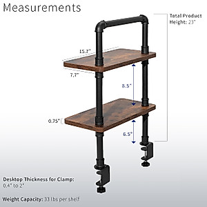 VIVO Clamp-on Premium 16 inch Industrial Pipe 2-Tier Tabletop Shelving, Heavy Duty Desk Extension Organizer, Modern Desktop Display Shelf, Rustic Vintage Brown Shelves, DESK-SHELF16-2N
