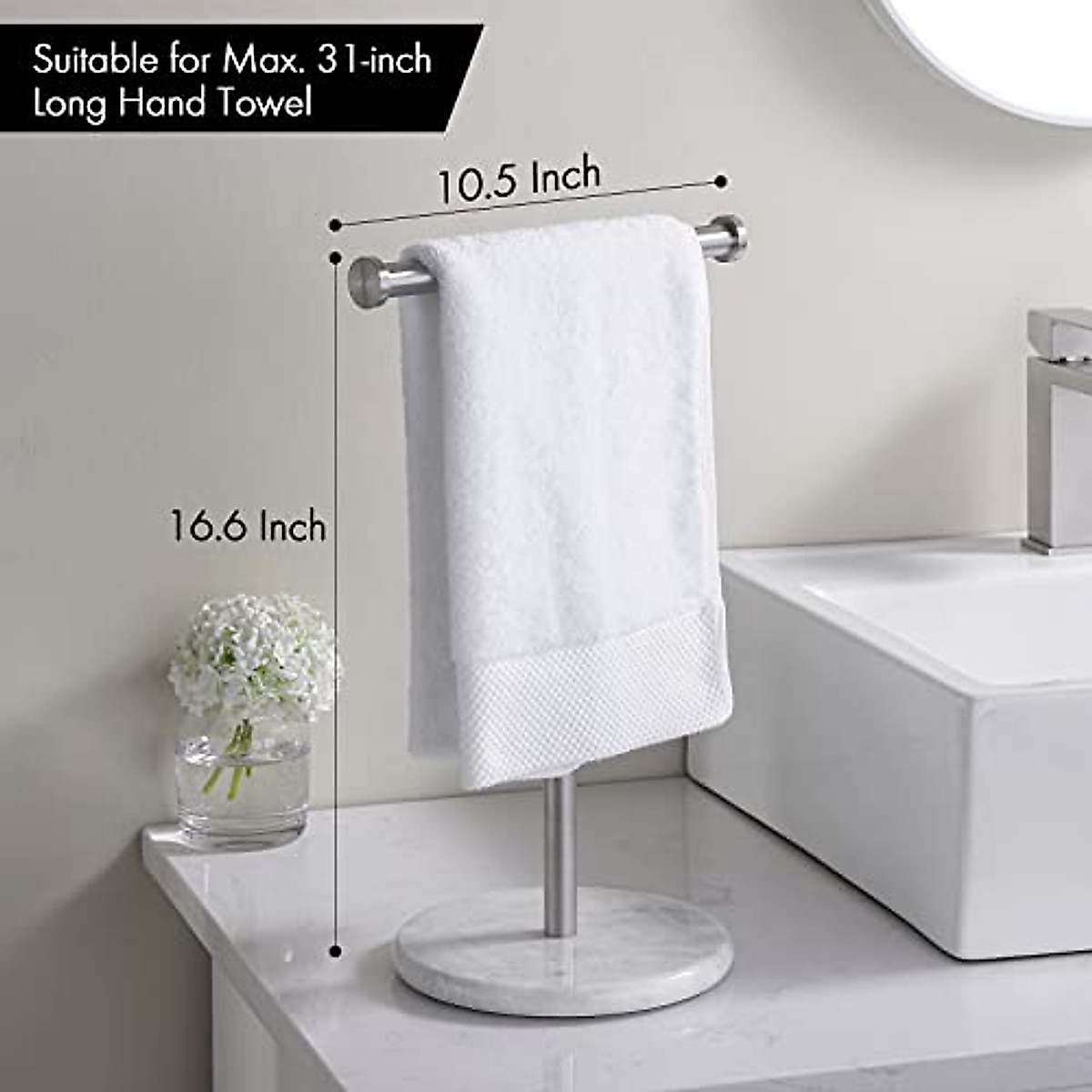 KES Towel Rack with Natural Marble Base T-Shape Hand Towel Holder Stand SUS304 Stainless Steel for Bathroom Vanity Countertop Brushed Finish, BTH205S20-2