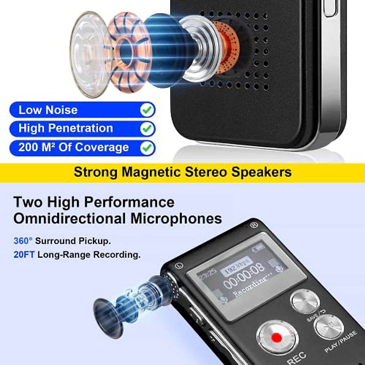 32GB Digital Voice Recorder - Voice Activated Recorder with Playback, Portable Tape Recorder for Lectures, Meetings, Interviews, Audio Recorder with Microphone USB Cable, MP3 Player