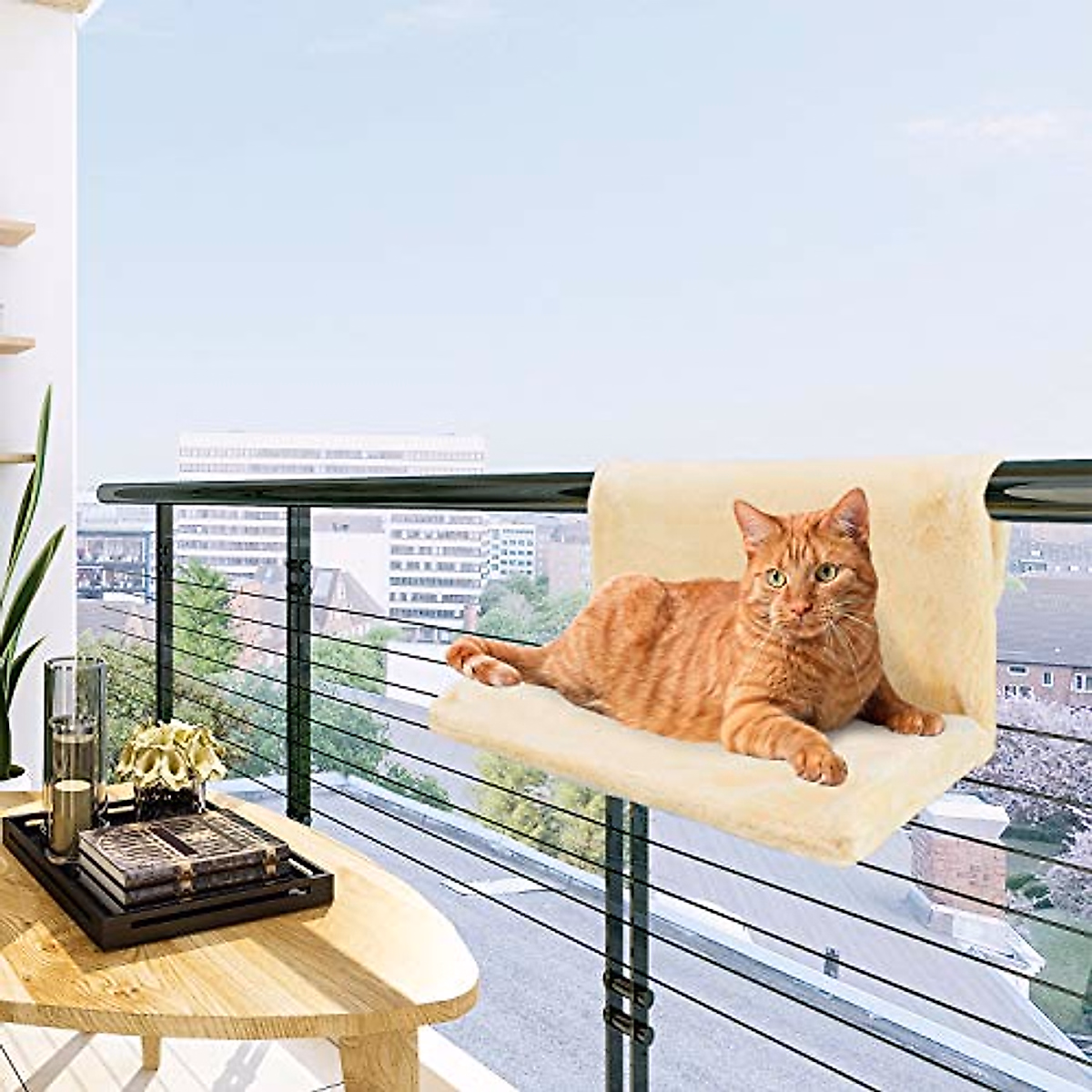 Downtown Pet Supply Cat Hammock Bed - Cat Shelf - Warm and Cozy Plush Nap Mat with Wire Bed Frame - Strong & Secure - Beige - 18.5 in x 12 in