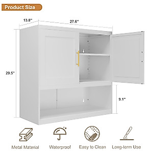 pozdeg Bathroom Cabinet Wall Mounted, 29.5" H Metal Hanging Cabinet with 2 Doors and 1 Adjustable Shelves, Space Saver Storage Cabinets for Bathroom Kitchen (White)