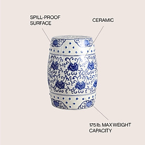 JONATHAN Y TBL1000A Lotus Flower 17.8" Chinoiserie Ceramic Drum Garden Stool Bohemian, Coastal, Classic, Cottage, French Country, Traditional, Transitional, Bathroom, Garden Room, Patio, Blue/White