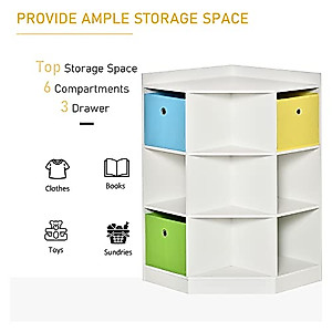 HOMCOM Kids Corner Cabinet, Cubby Toy Storage Organizer, Bookshelf Unit with Three Baskets for Playroom, Bedroom, Living Room, White
