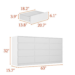 ROMSHINE 12 Drawer Double Dresser, Modern Chest of Drawers with 12 Deep Drawers, 63" Wide Wooden Storage Cabinet Organizer, Easy Pull Drawer Dresser for Bedroom Living Room, White Dresser