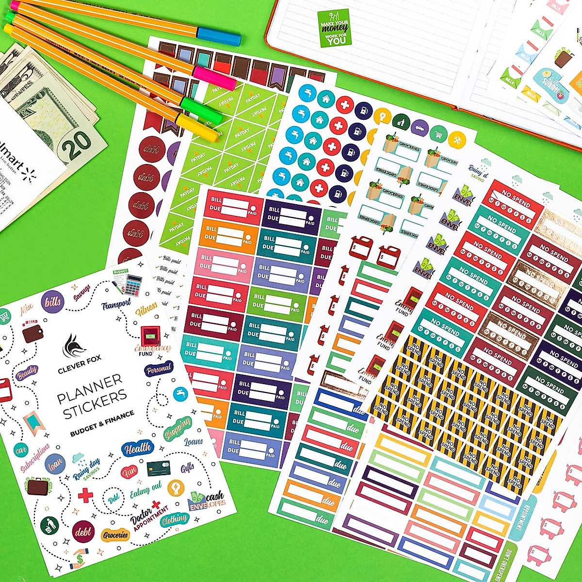Budget Stickers by Clever Fox - 18 Sheets Set of 1030+ Unique Budget Planner Stickers for Your Monthly, Weekly & Daily Planner, Budget Planner, Calendar or Journal, Budget Sticker Book (Budget Pack)