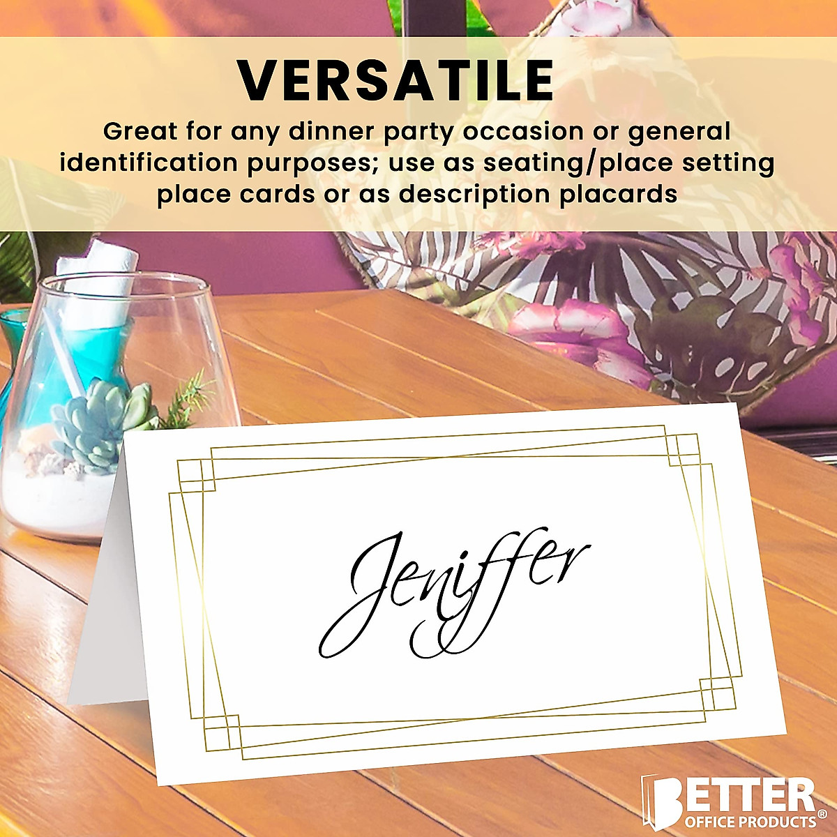 Better Office Products 100 Pack Place Cards, 2 x 3.5 in, White with Modern Metallic Gold Geometric Border, Folded Table Tent Cards for Weddings, Dinner Parties, Buffet Banquets,(100 Count)