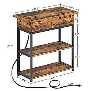 Rolanstar Bookshelf 6 Tier with 4 Hooks, Industrial Wood Bookcase, Vintage Storage Rack with Open Shelves, Rustic Standing Bookshelves Metal Frame Display Rack Bundle End Table with Charging Station
