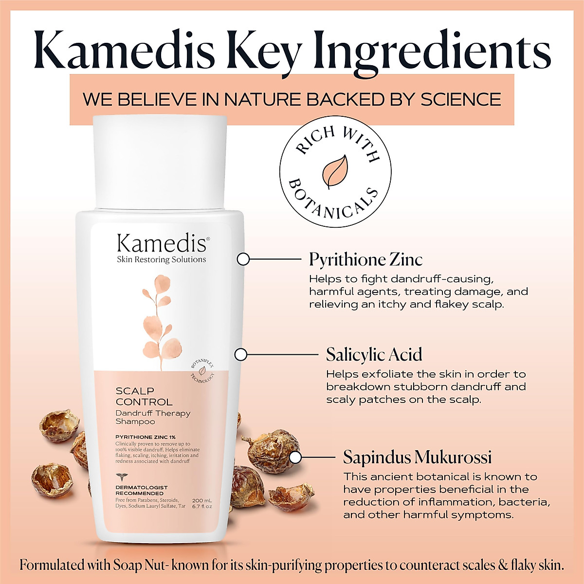 KAMEDIS Anti Dandruff Shampoo For Women & Men. For Itchy And Redness Scalp, Seborrheic Dermatitis Treatment & Flaky Hair. Contains 1% Zinc Pyrithione and Salicylic Acid. Paraben Free. 6.7 Fl Oz.