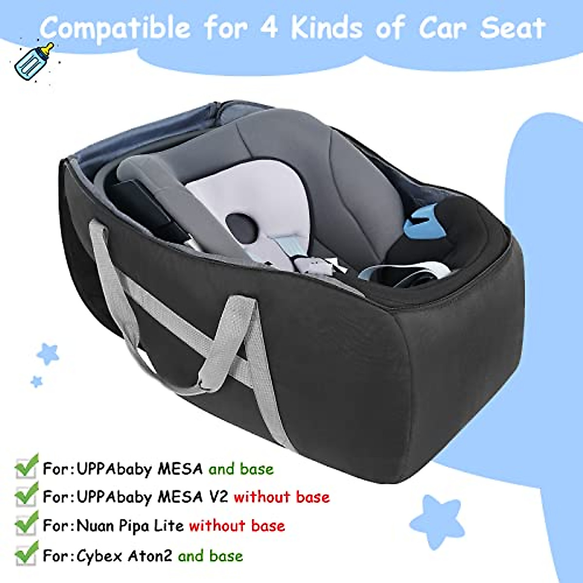 YOREPEK Car Seat Travel Bag Compatible with UPPAbaby MESA, Cybex Aton 2, Padded Infant Airport Gate Check Bag, Durable Carseat Airplane Bag with Easy Carry Handle and Protective Bumper Feet