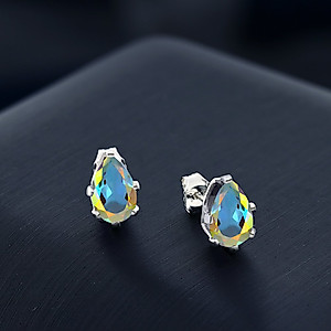 Gem Stone King 925 Sterling Silver Mercury Mist Mystic Topaz 6-Prong Stud Earrings For Women (2.00 Cttw, Pear Shape 8X5MM)