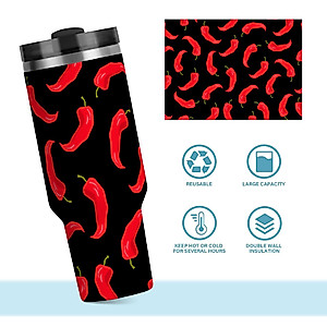 Yasala Car Tumbler with Handle Cute Chilli Red Black Funny Travel Mug Coffee Cup Insulated Beverage Container Mega Cup for Hot Cold Drinking Thermos Water Bottle Cupholder Friendly 40 oz