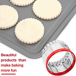 COOKIEQUE 4-Pieces Fluted Round Cookie Cutters, Metal Circle Biscuit Cutters Set, Wave Cookies Cutter with Fluted Edge, Unique Design with Protective Red Top PVC
