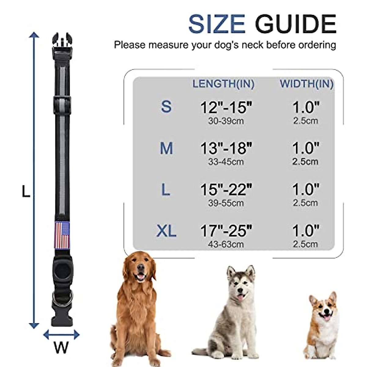 Reflective AirTag Dog Collar, FEEYAR Waterproof Air Tag Dog Collar [Black], Integrated Apple AirTag Holder Dog Collars with Flag Patch, GPS Tracker Dog Collar for Small Medium Large Dogs [Size XL]