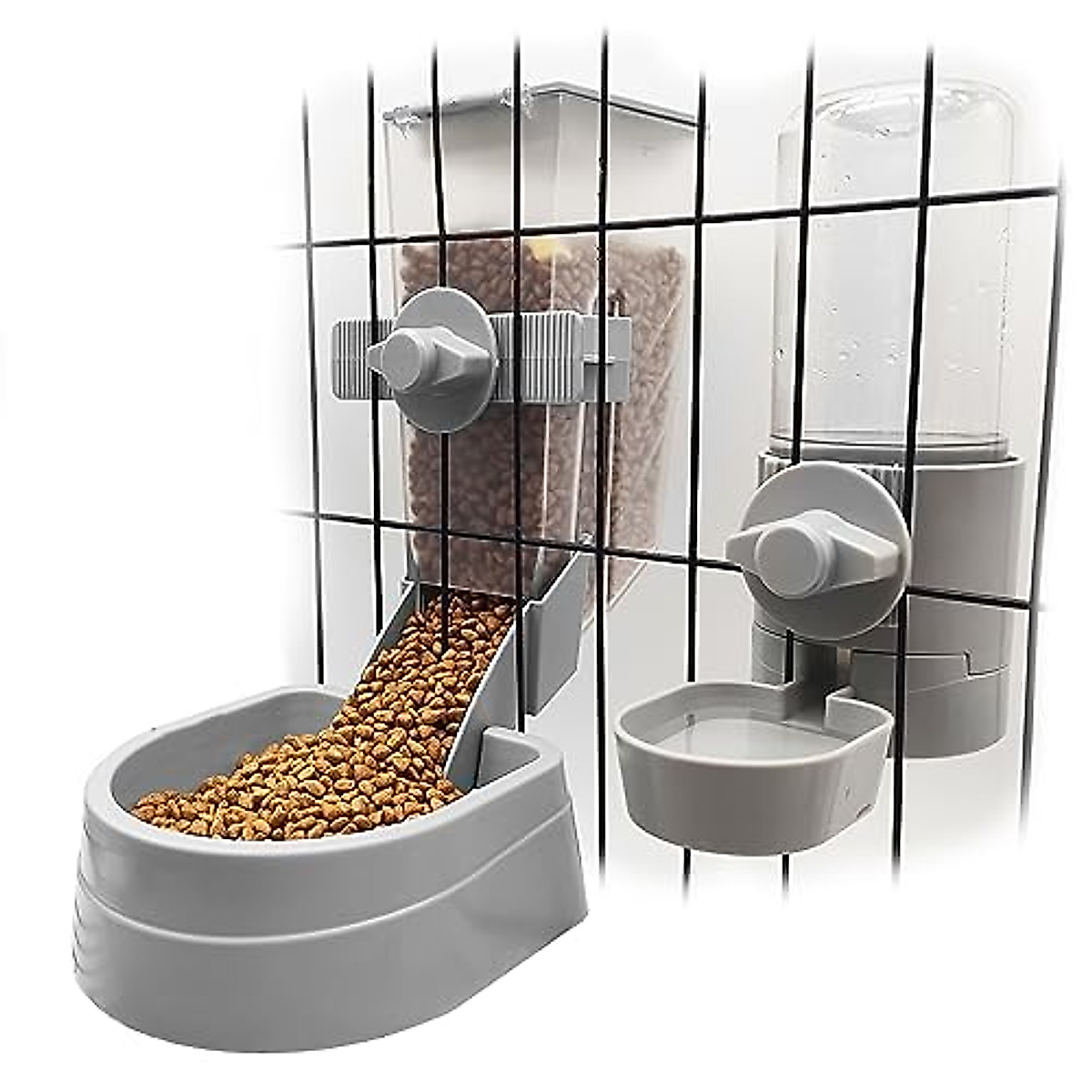 BNOSDM Rabbit Automatic Food Feeder and Water Dispenser Bunny Gravity Feeding Station Waterer Set Hanging Self-Dispensing Feeder for Ferret,Guinea Pigs Chinchillas Kitten (Grey)