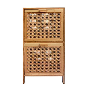 2-Shelf Storage Drawers, a Combination of Rattan-Weaved Basket and Natural Bamboo, Light Weight Night Stand