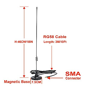 Dual-Band Magnetic Mobile Ham Radio Antenna 137-149 and 437-480 MHz RG58 Cable SMA Connector