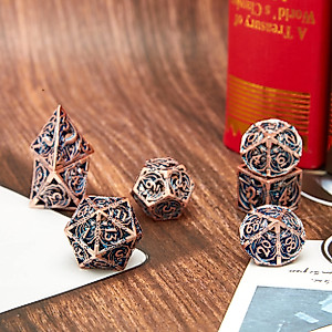 Hollow Metal DND Game Dice Dragon Shaped Blue and Copper Numbers 7Pcs Set for Dungeons and Dragons RPG MTG Table Games D&D Pathfinder Shadowrun and Math Teaching(with Metal case)