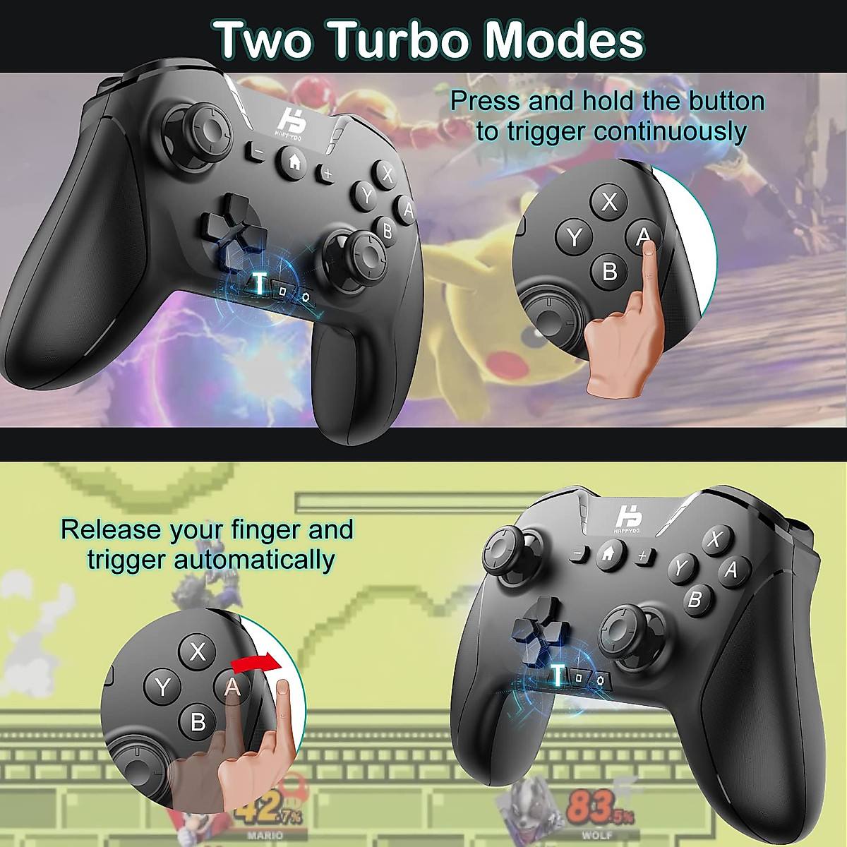 HAPPYDO Wireless Game Controller for Nintendo Switch/Switch Lite/PC/Phone/Ipad, Rechargeable Remote Bluetooth Gamepad with Joystick with Ergonomic Non-Slip, Adjustable Turbo and Vibration