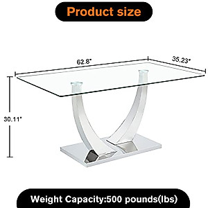 63" Glass Dining Table for 4 to 6 People, Modern Minimalist Kitchen Table with Tempered Glass Tabletop and Metal Base, Large Rectangle Dining Room Table for Kitchen Dining Living Meeting Room