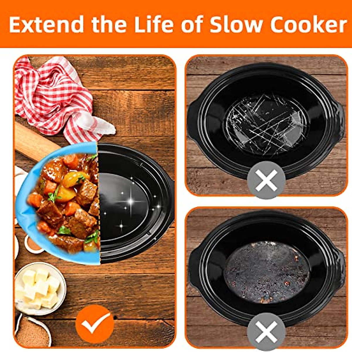 ANDIMEI 3 Pack Silicone Slow Cooker Liners Fit 6, 7, 8 Quarts Oval or Round Crock Pot,Food-grade Reusable Silicone Insert, Leakproof & Dishwasher Safe Slow Cooker Accessories Cooking Divider Liner