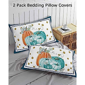 Thanksgiving Pillow Covers King Standard Set of 2 Bed Pillow, Fall Pumpkin Yellow Polka Dots Navy Blue Lace Plush Soft Comfort for Hair/ Skin Cooling Pillowcases with Envelop Closure 20''x36''