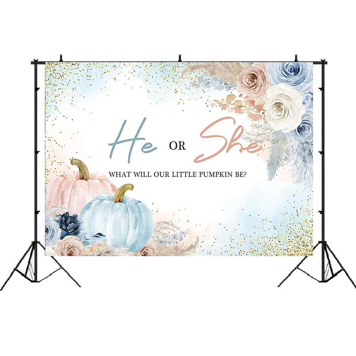 Lofaris Pumpkin Blue or Pink Gender Reveal Backdrop Fall Theme He or She What Will Little Pumpkin Be Banner Party Decorations Photography Background Pregnancy Reveal Party Photoshoot 7x5ft