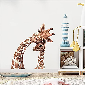 ROFARSO Lifelike Cute Lovely Mother and Little Giraffe Animal Wall Sticker Removable Wall Decal Peel and Stick Wall Art Decoration Home Decor for Nursery Kid Baby Bedroom Living Room Playing Room Mural