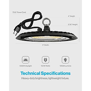 Sunco 6 Pack UFO LED Plug & Play High Bay Light, Lighting for Warehouse, 5000K Daylight, 150W, Power Cord Included, 19500 LM, 120VAC, IP65 Waterproof Shatterproof Fixture - UL Listed