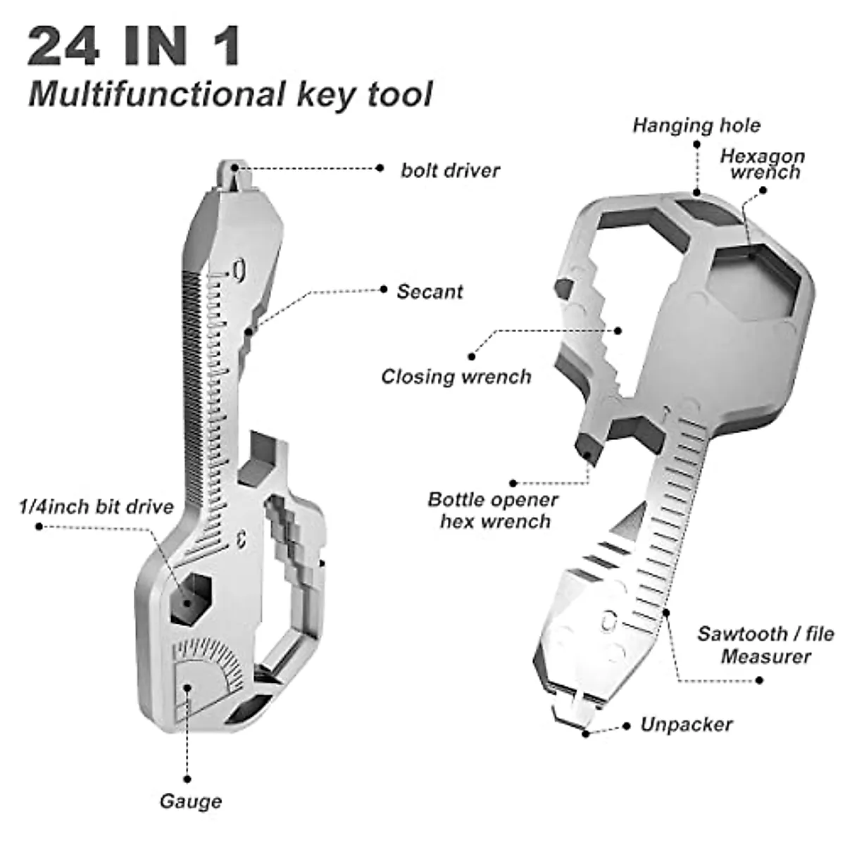 N |24-in-1 Multi-Function Key, Stainless Steel Keychain Multi-Function Tool, with Bottle Opener, Screwdriver, Ruler, Wrench, Box Opener, Drill Driver(1 Piece, Silver), 8*4*1