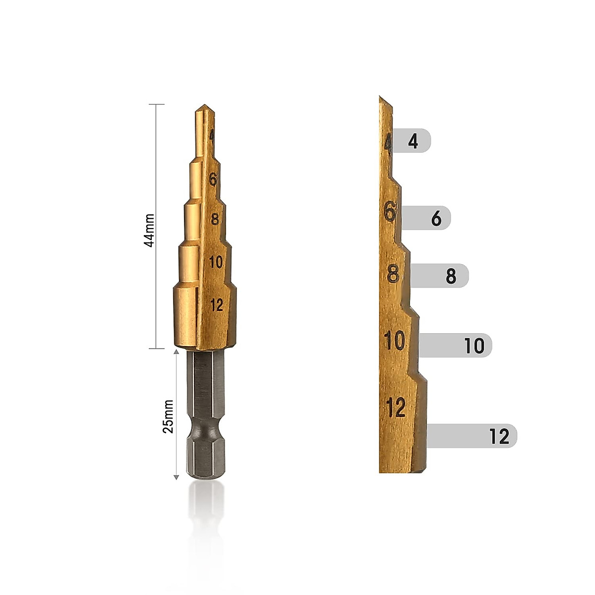 WORKPRO 3-Piece Step Drill Bit Set, 1/4" Hex Shank Quick Change High Speed Steel Titanium Coated Drill Bits for Plastic, Sheet Metal, Aluminum Hole Drilling, Well-Organized Bag Included,Metric