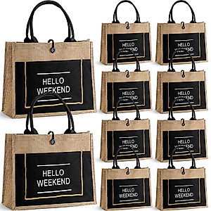 10 Pack Burlap Tote Bags with Handles Jute Tote Bag Large Weekend Burlap Beach Bag Gift Bags Waterproof Jute Bag for Travel(Black)