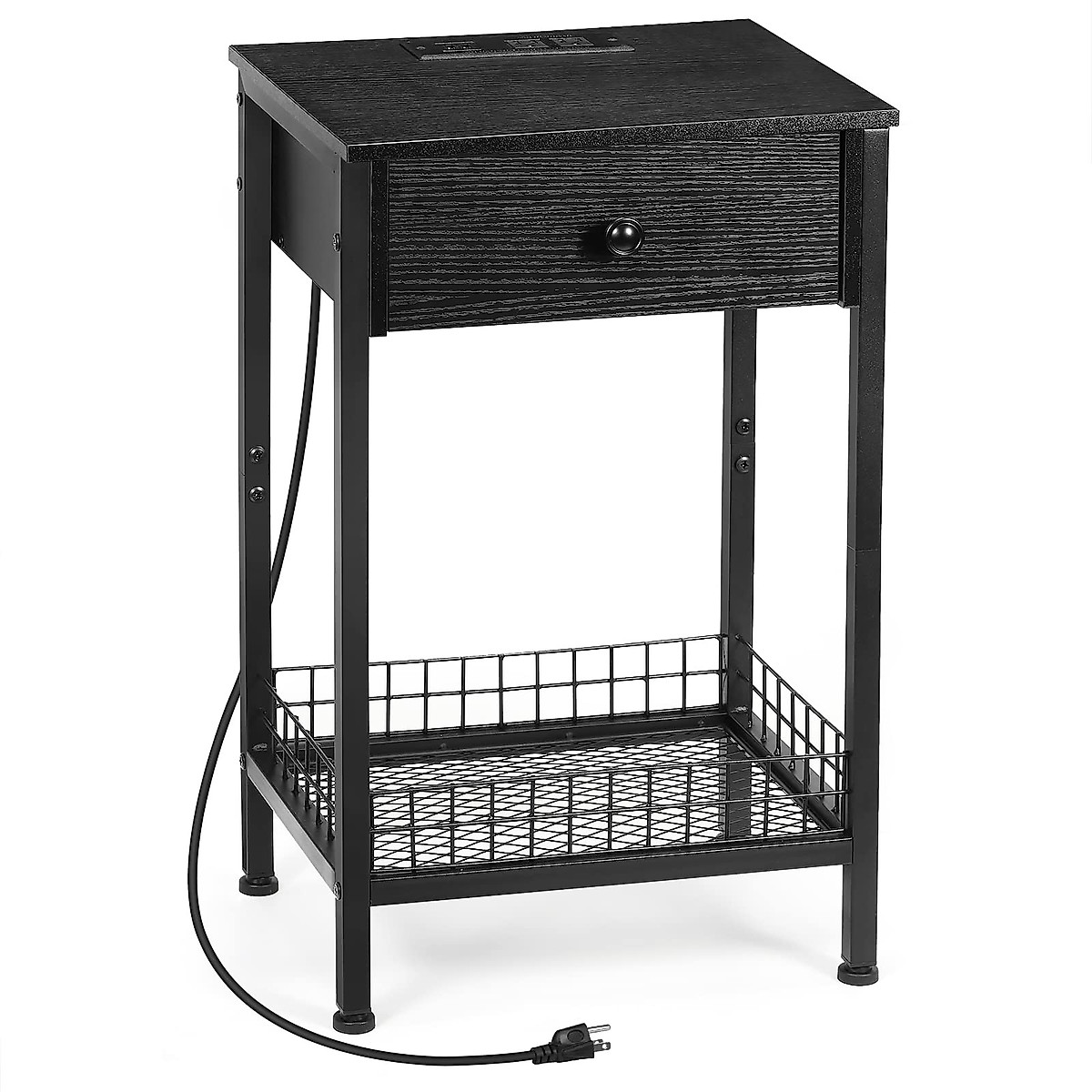 MOOACE Nightstand with Charging Station, Tall End Table with Drawer and Mesh Basket Storage Rustic Bedside Table for Bedroom,Living Room,Small Spaces - Black