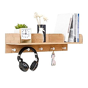 PIBM Stylish Simplicity Shelf Wall Mounted Floating Rack Wooden Solid Wood Shelves Storage Books Living Room 5 Hooks,63X15.1X20Cm,2 Colors Avaliable, Wood Color